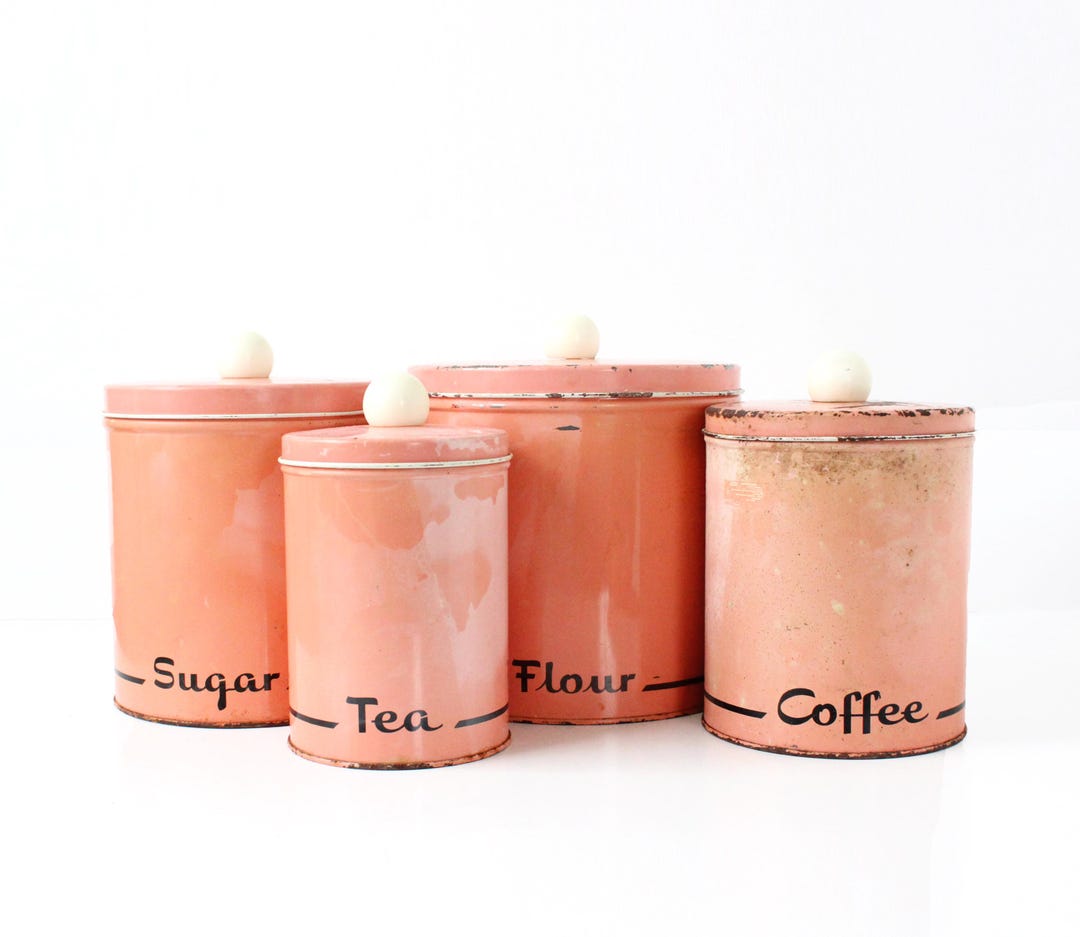Vintage Pink Kitchen Canisters, Pink and White, Retro Kitchen Canisters ...