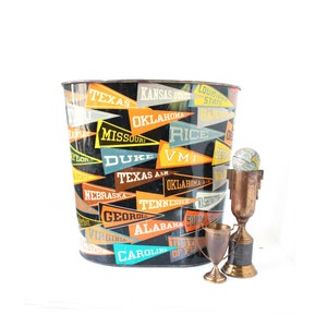 Vintage School Pennant Trashcan, College Tin, Vintage Pennants ...