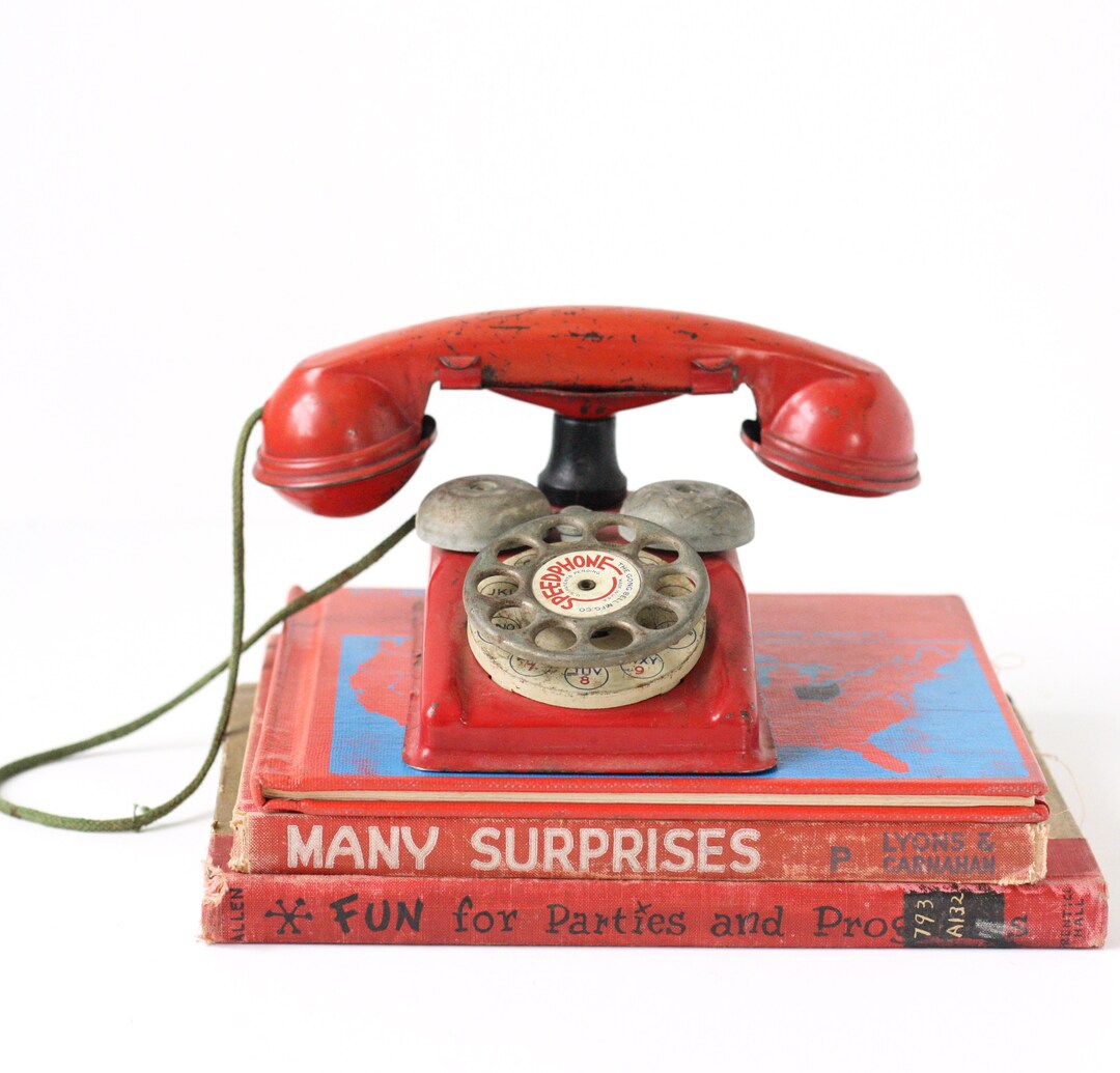 Vintage Toy Telephone, Red Toy Phone, Tin Red Phone, Gong Bell ...