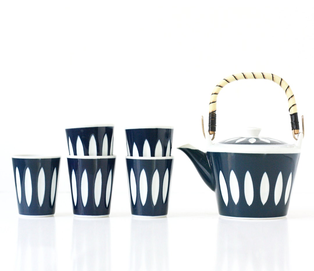 Vintage Lotus Tea Set, Teapot and Cups, Blue and White, Ceramic Tea Set ...