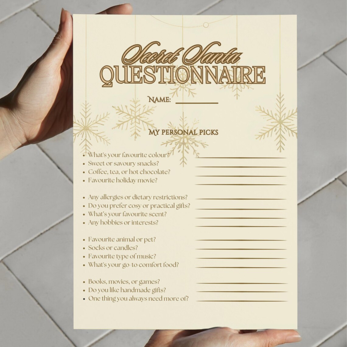 Printable Secret Santa Questionnaire | Gold Design | Christmas Gift ...