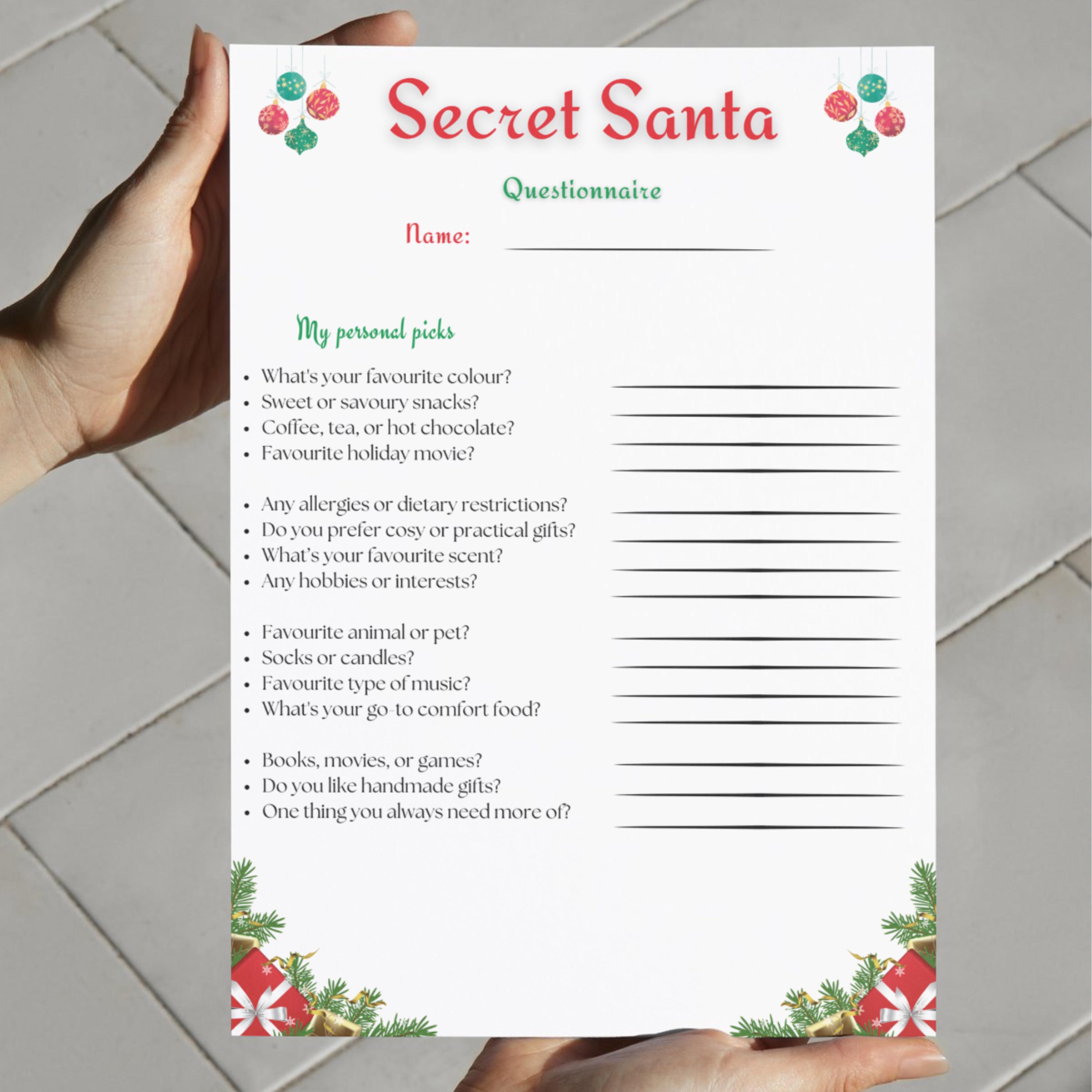 Secret Santa Questionnaire Printable | Secret Santa Questions | Holiday ...