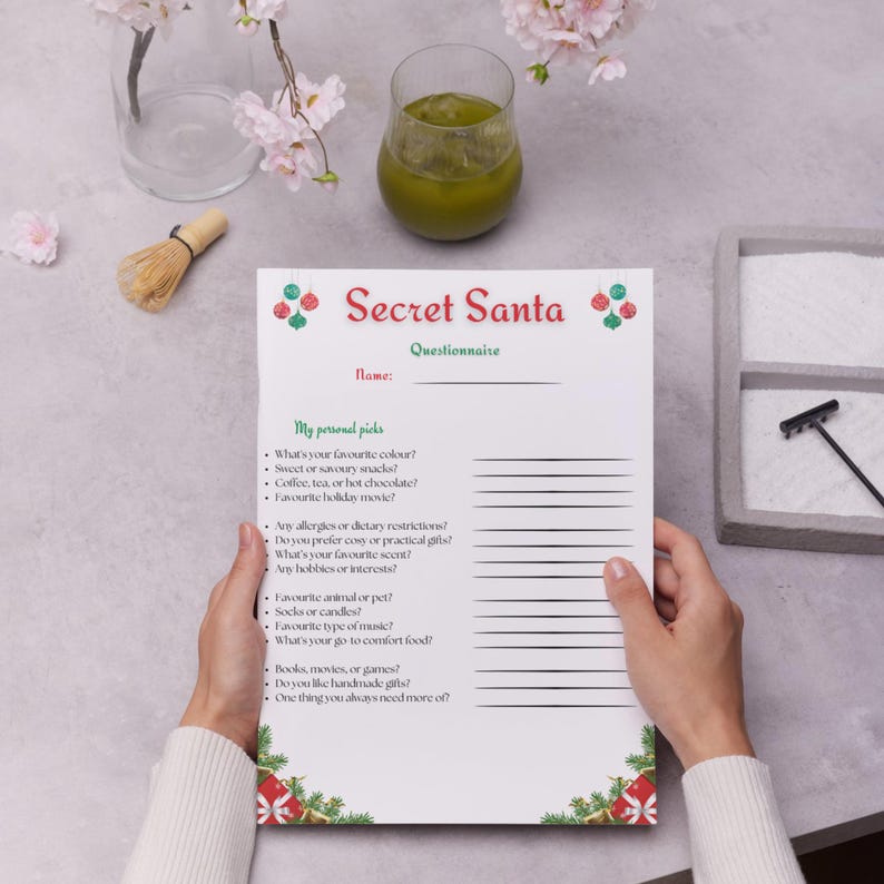 Secret Santa Questionnaire Printable | Secret Santa Questions | Holiday ...