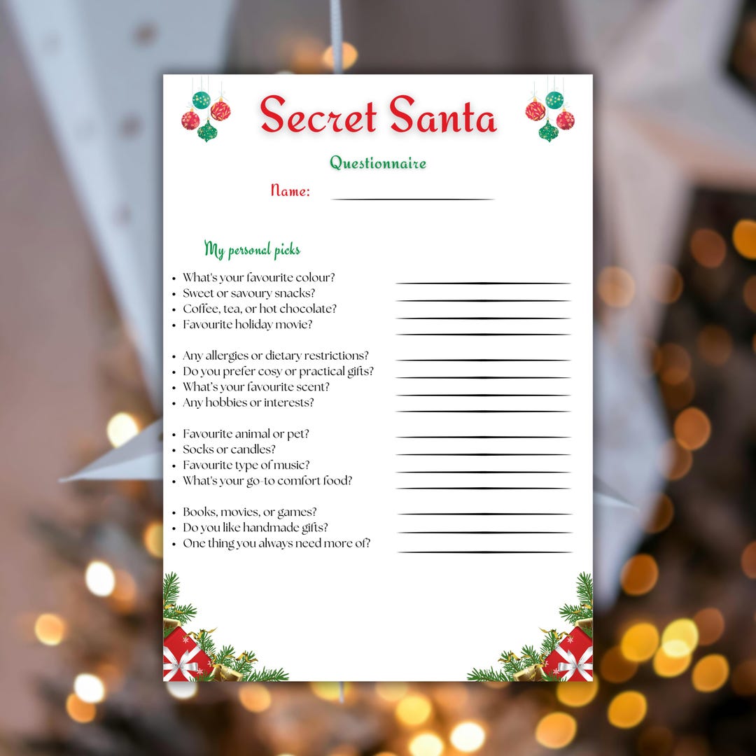 Secret Santa Questionnaire Printable | Secret Santa Questions | Holiday ...