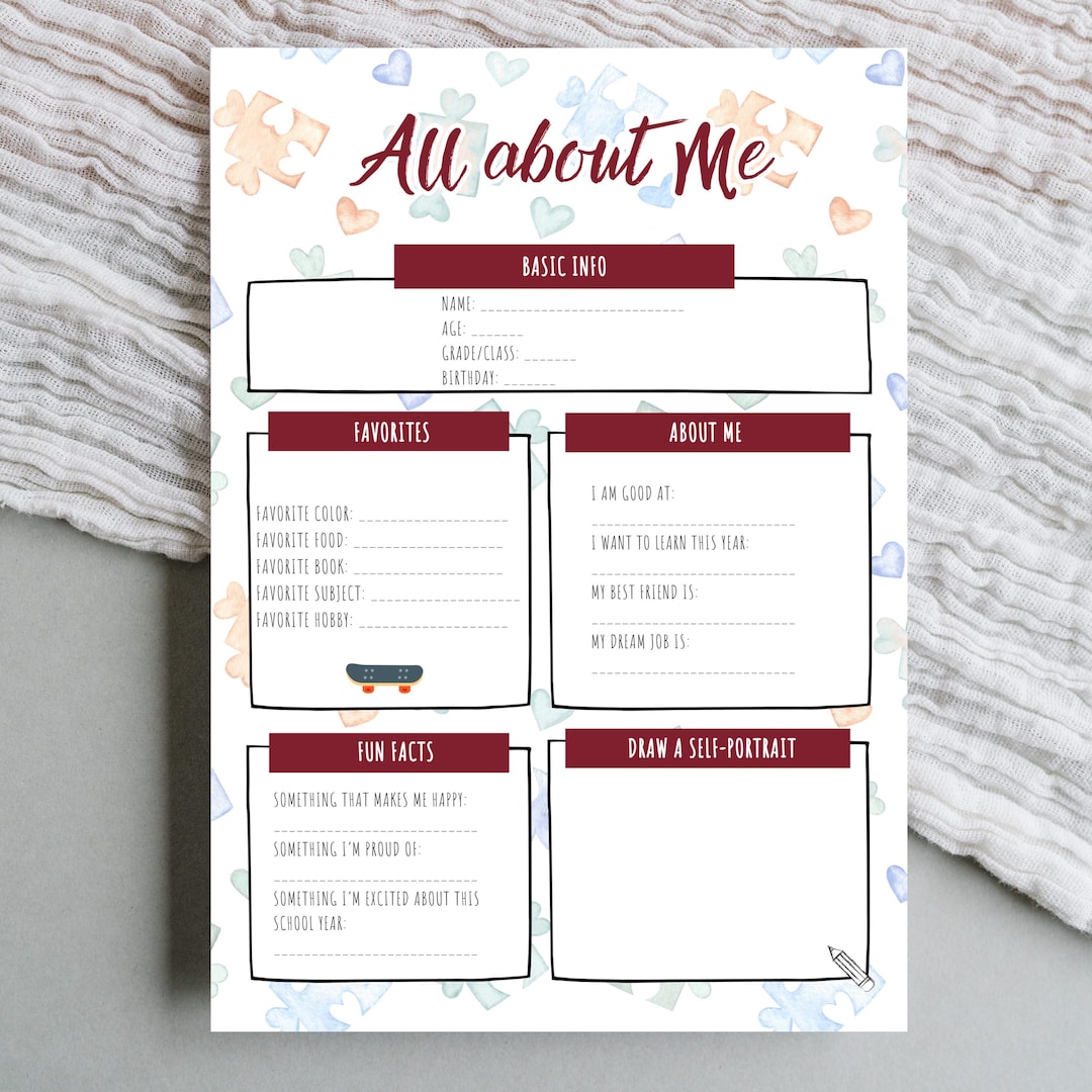Back-to-school “all About Me” Printable | Puzzle Design Red/maroon A4 ...