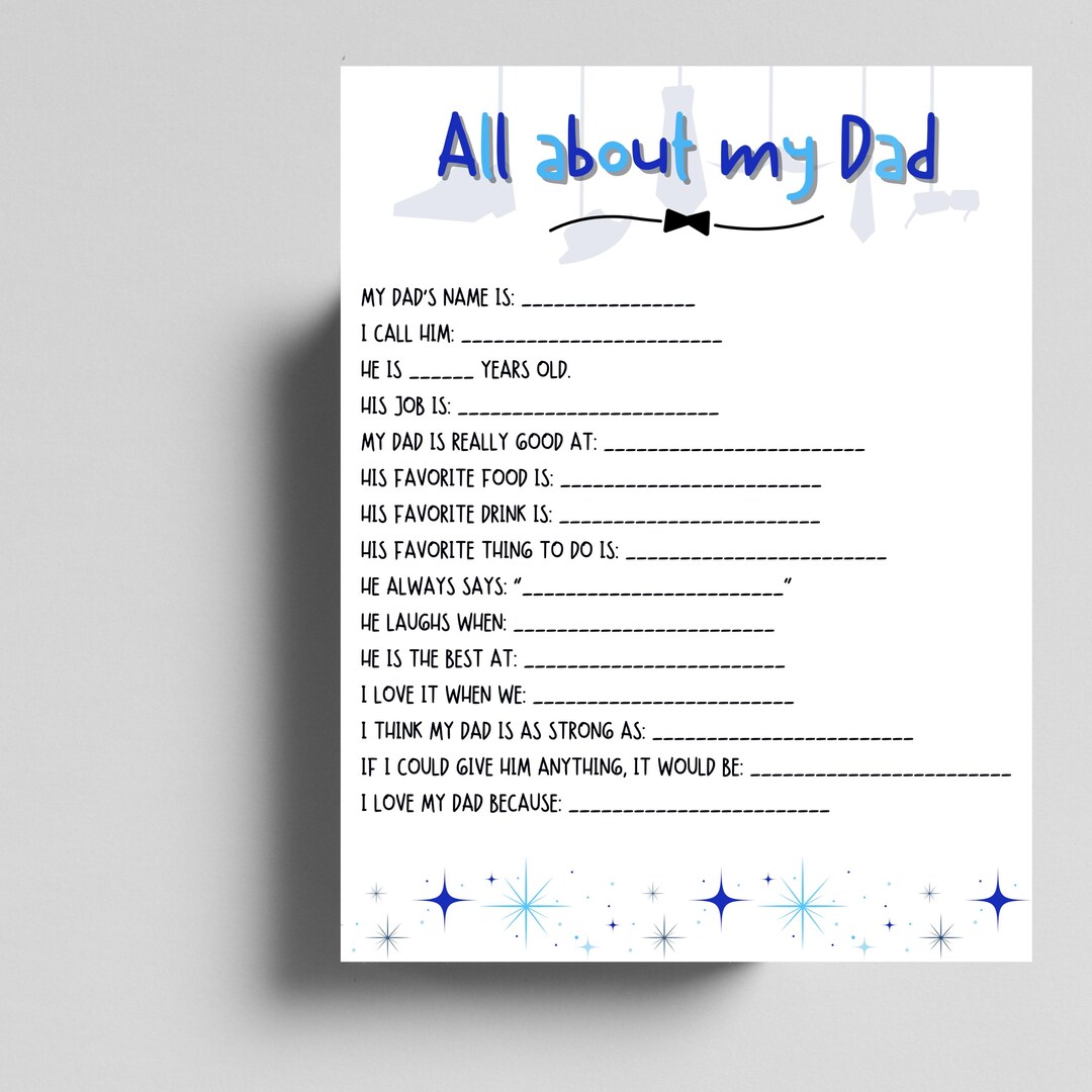 All About My Dad Worksheet | Printable Father’s Day Gift for Kids | DIY ...