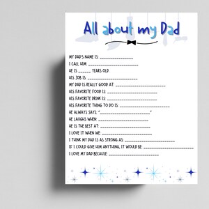 All About My Dad Worksheet | Printable Father’s Day Gift for Kids | DIY Dad Questionnaire ...