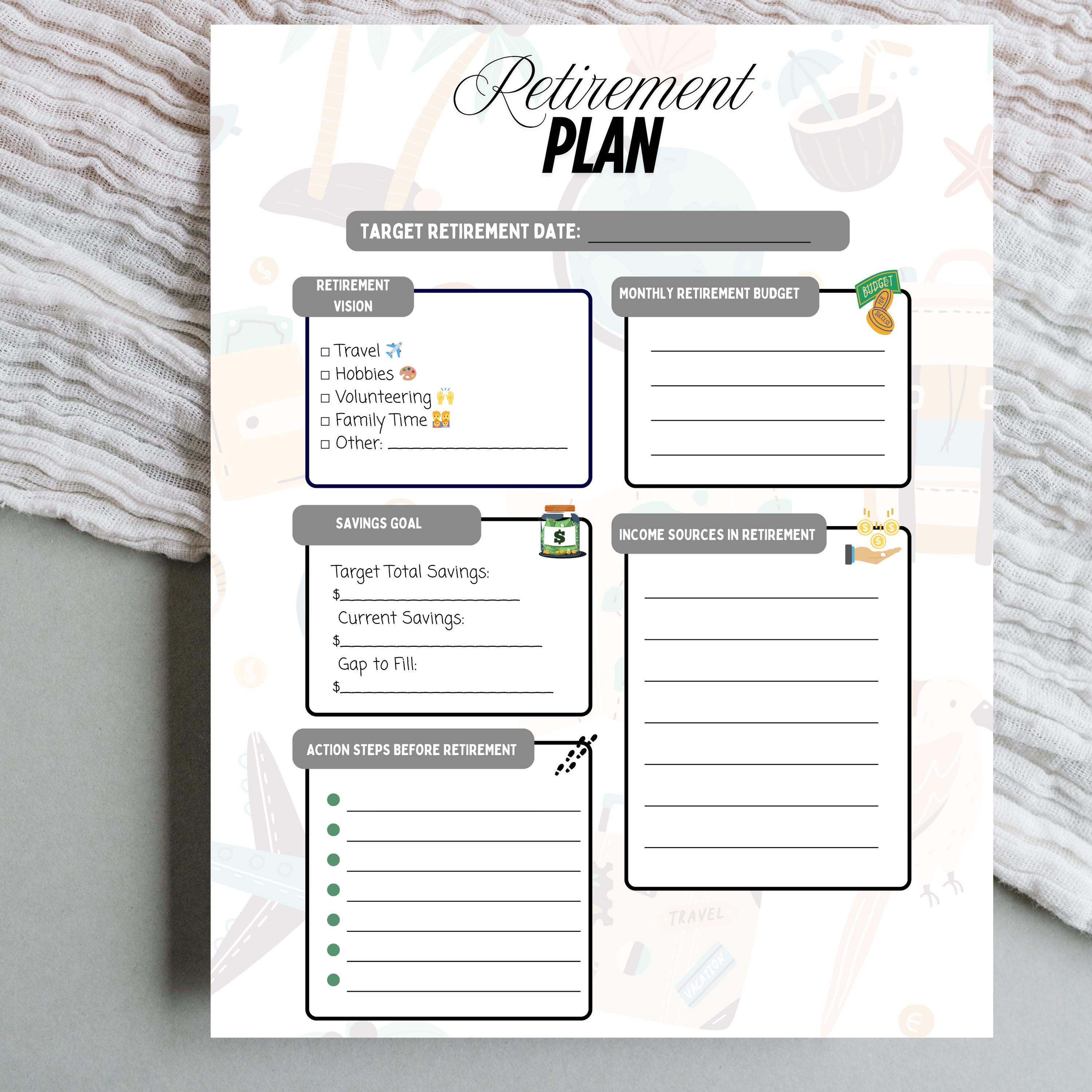 Retirement Plan Printable Template | Budget, Savings, Vision & Income ...