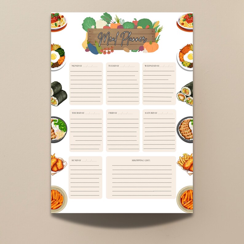 Food Themed Meal Planner Printable | Weekly Menu + Shopping List | Cute ...