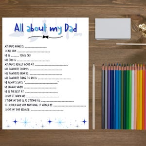 All About My Dad Worksheet | Printable Father’s Day Gift for Kids | DIY Dad Questionnaire ...