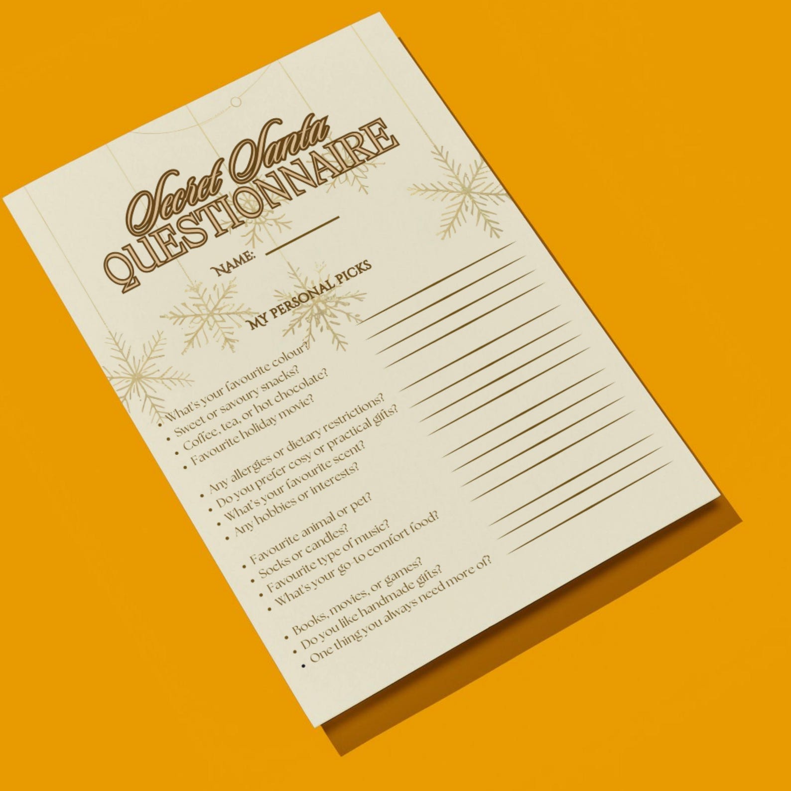 Printable Secret Santa Questionnaire | Gold Design | Christmas Gift ...