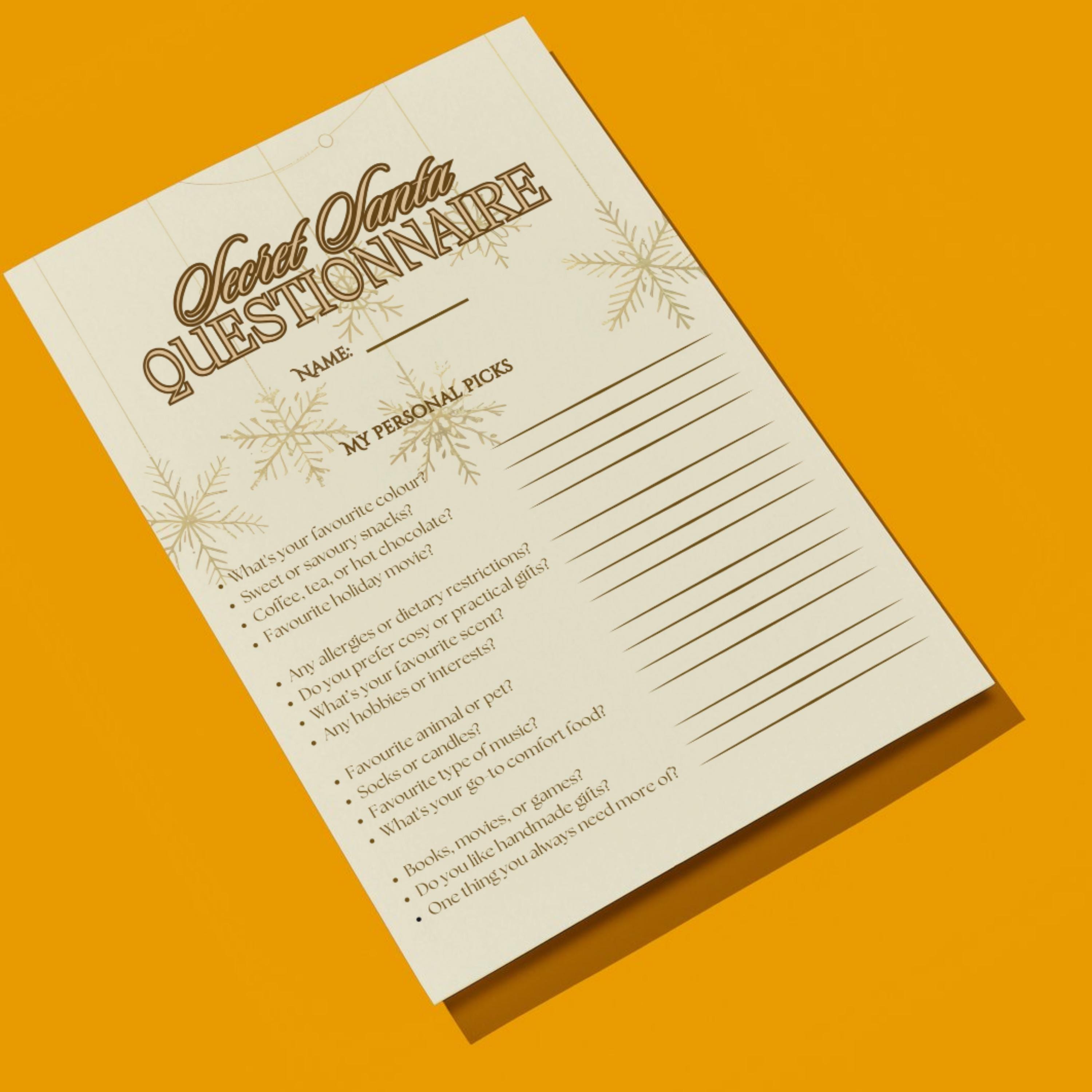 Printable Secret Santa Questionnaire | Gold Design | Christmas Gift ...