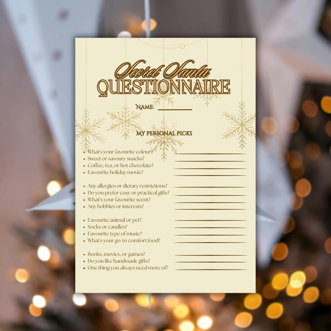 Printable Secret Santa Questionnaire | Gold Design | Christmas Gift ...