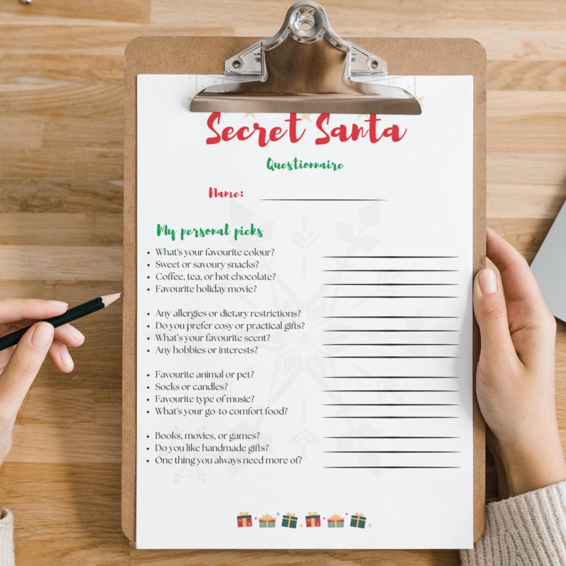 Secret Santa Questionnaire Printable Christmas Gift Exchange Organizer ...
