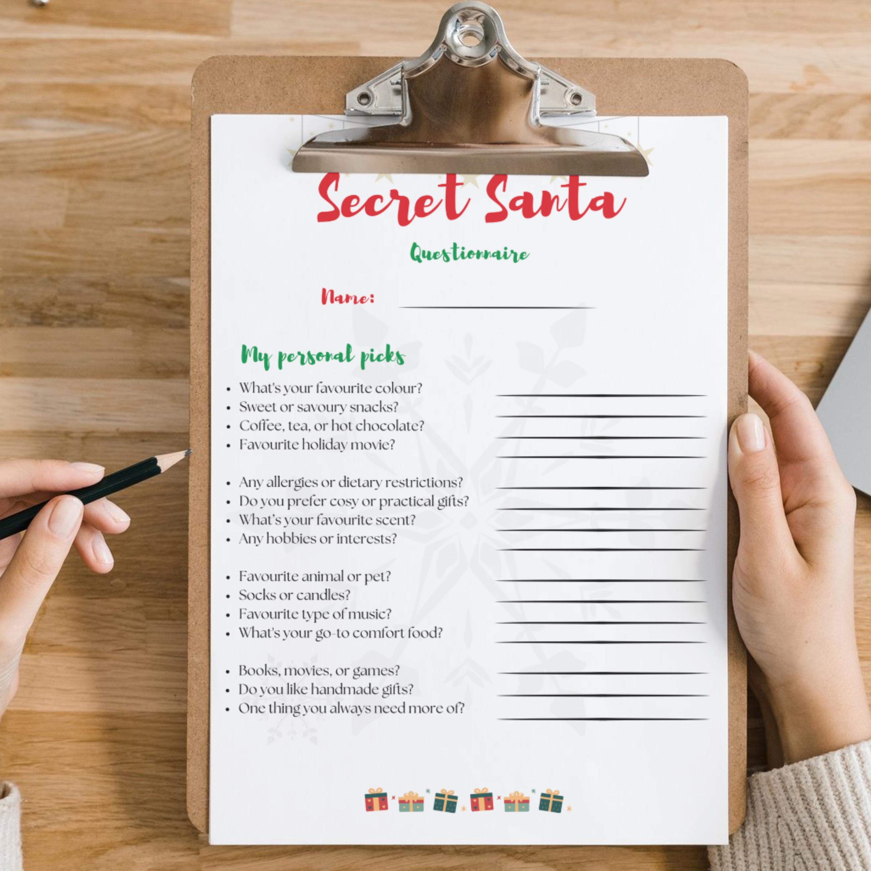 Secret Santa Questionnaire Printable | Christmas Gift Exchange ...