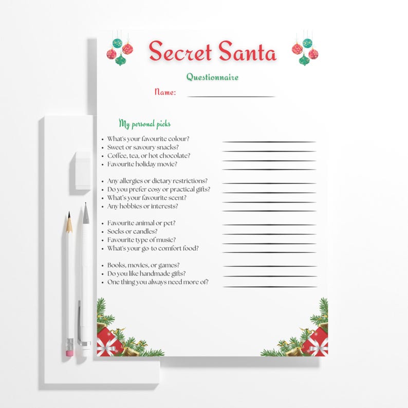 Secret Santa Questionnaire Printable | Secret Santa Questions | Holiday ...