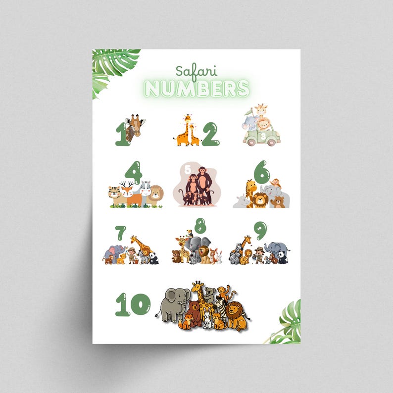 Safari Numbers Poster Printable A4 Kids Wall Art Animal Counting ...