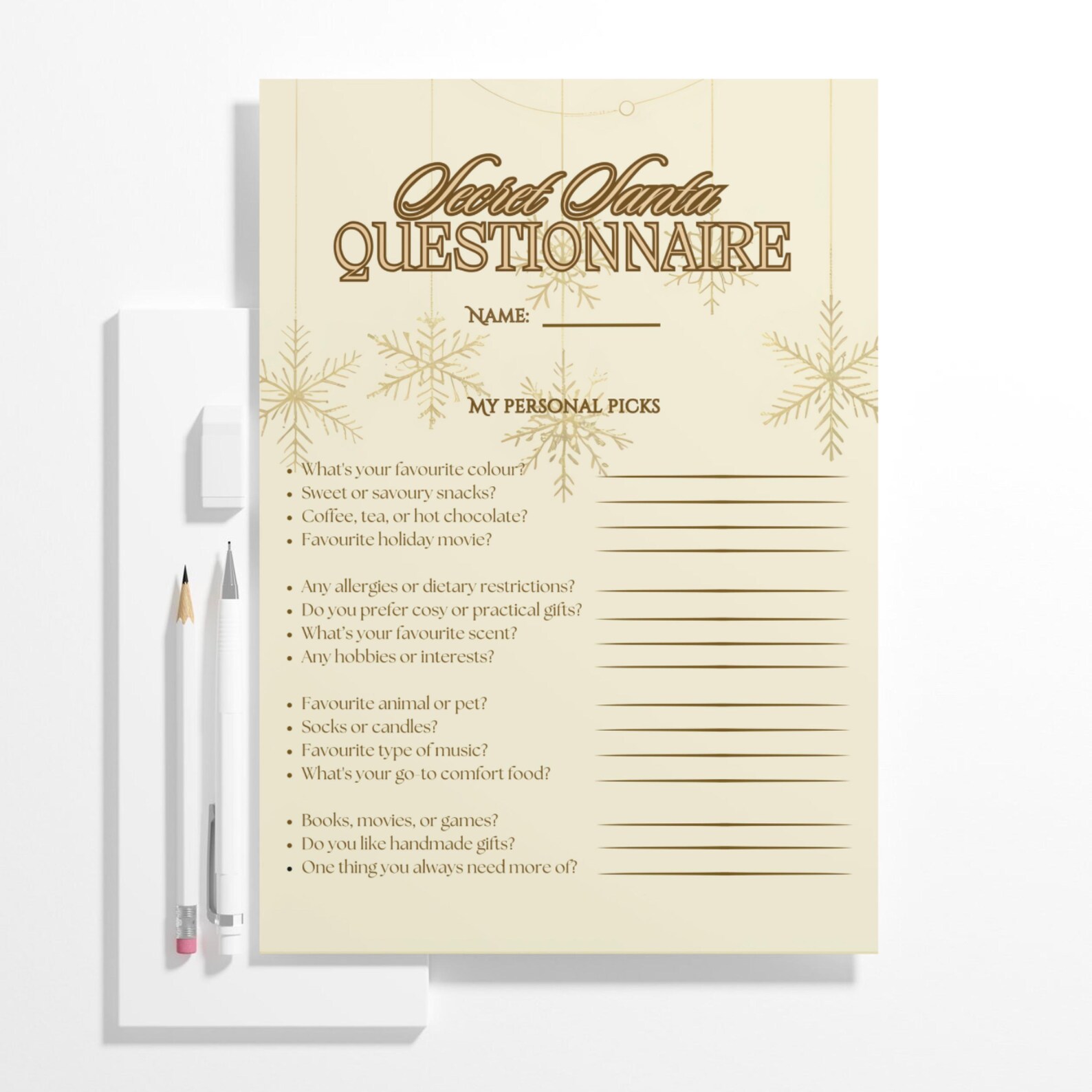Printable Secret Santa Questionnaire | Gold Design | Christmas Gift ...