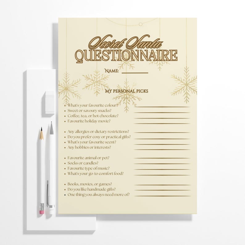 Printable Secret Santa Questionnaire | Gold Design | Christmas Gift ...