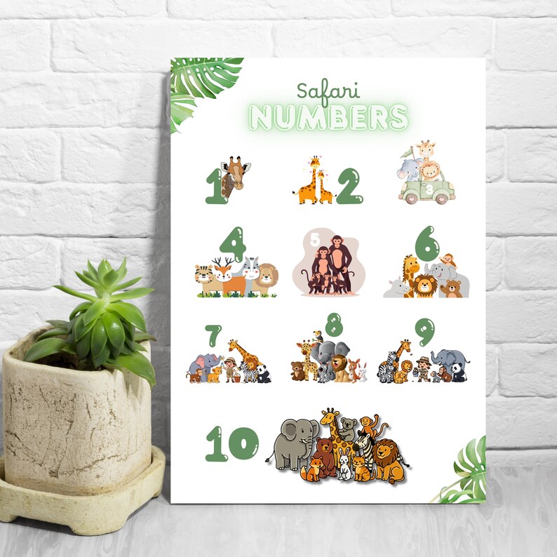 Safari Numbers Poster Printable A4 Kids Wall Art Animal Counting ...