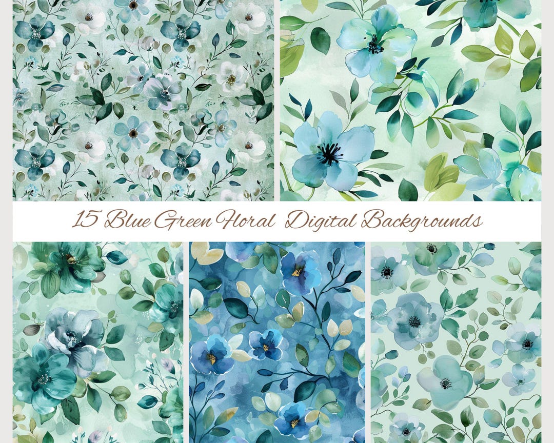 Blue and Green Floral Digital Paper - 15 PNG Images of Floral Designs ...