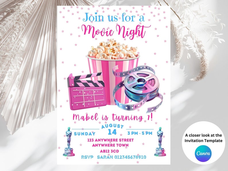 EDITABLE Birthday Party Invitation Template DIGITAL DOWNLOAD Pink Movie ...