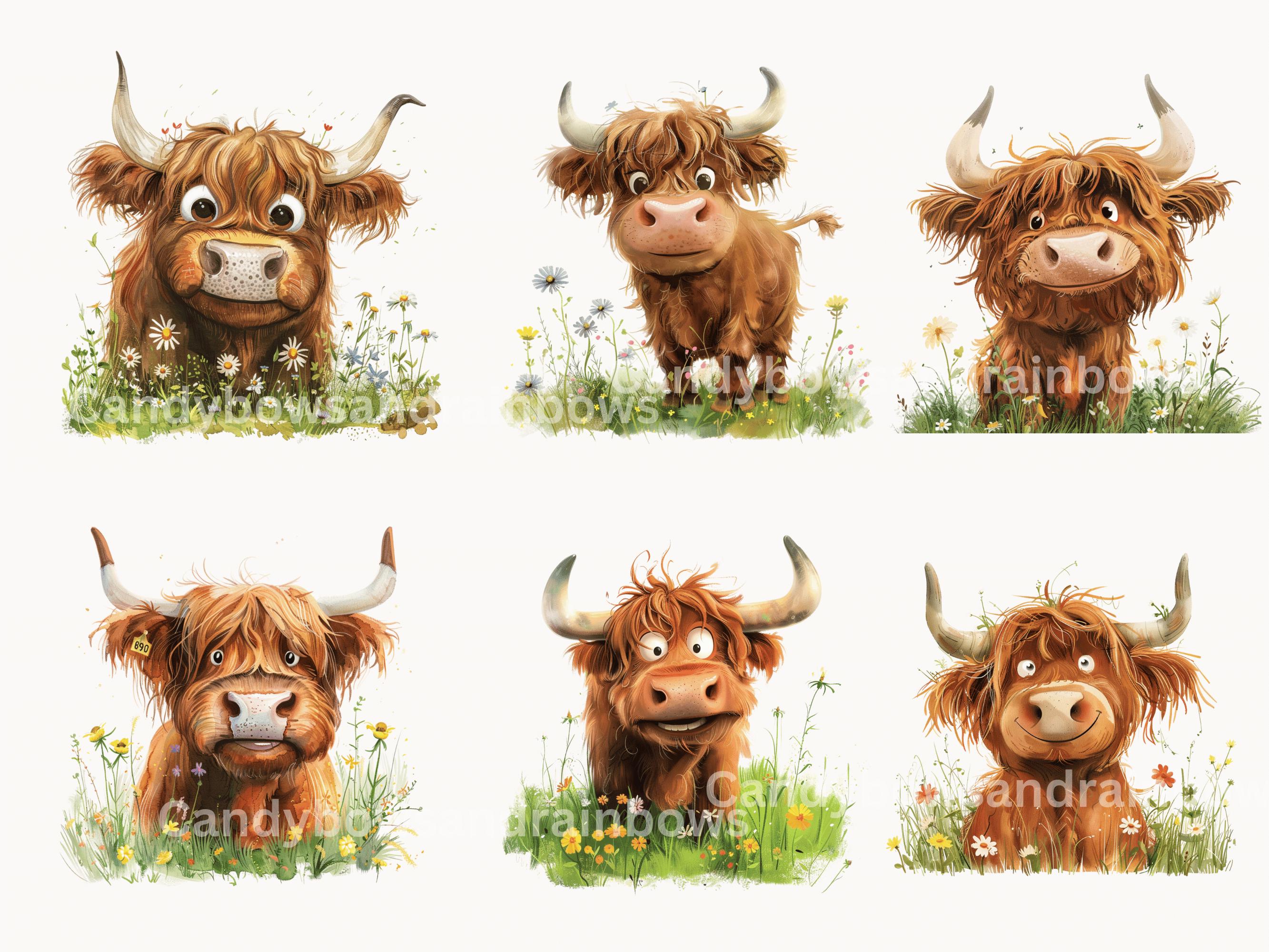 Quirky Cartoon Highland Cows Clipart - 16 PNG Images of Cute Highland ...