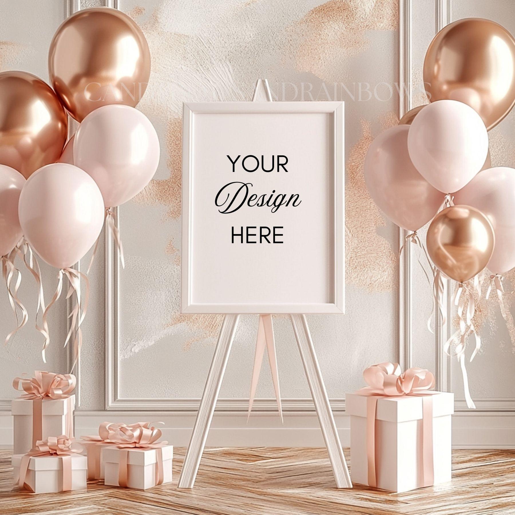 Easel Sign Mockup - Rose Gold Balloons With Welcome Sign Background ...