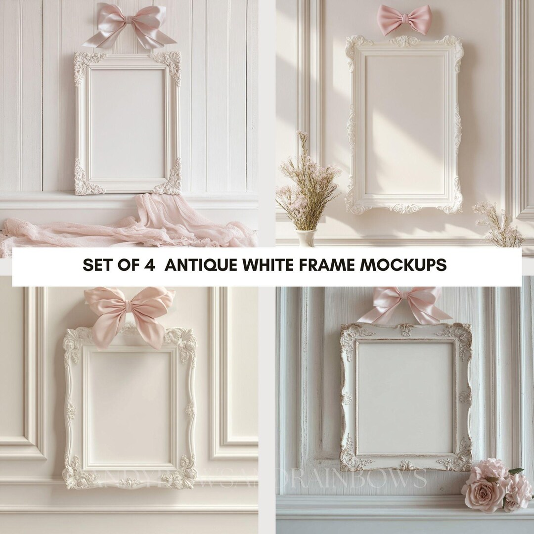 White Antique Frame With Pink Coquette Bow Mockup - Frame Mockup ...