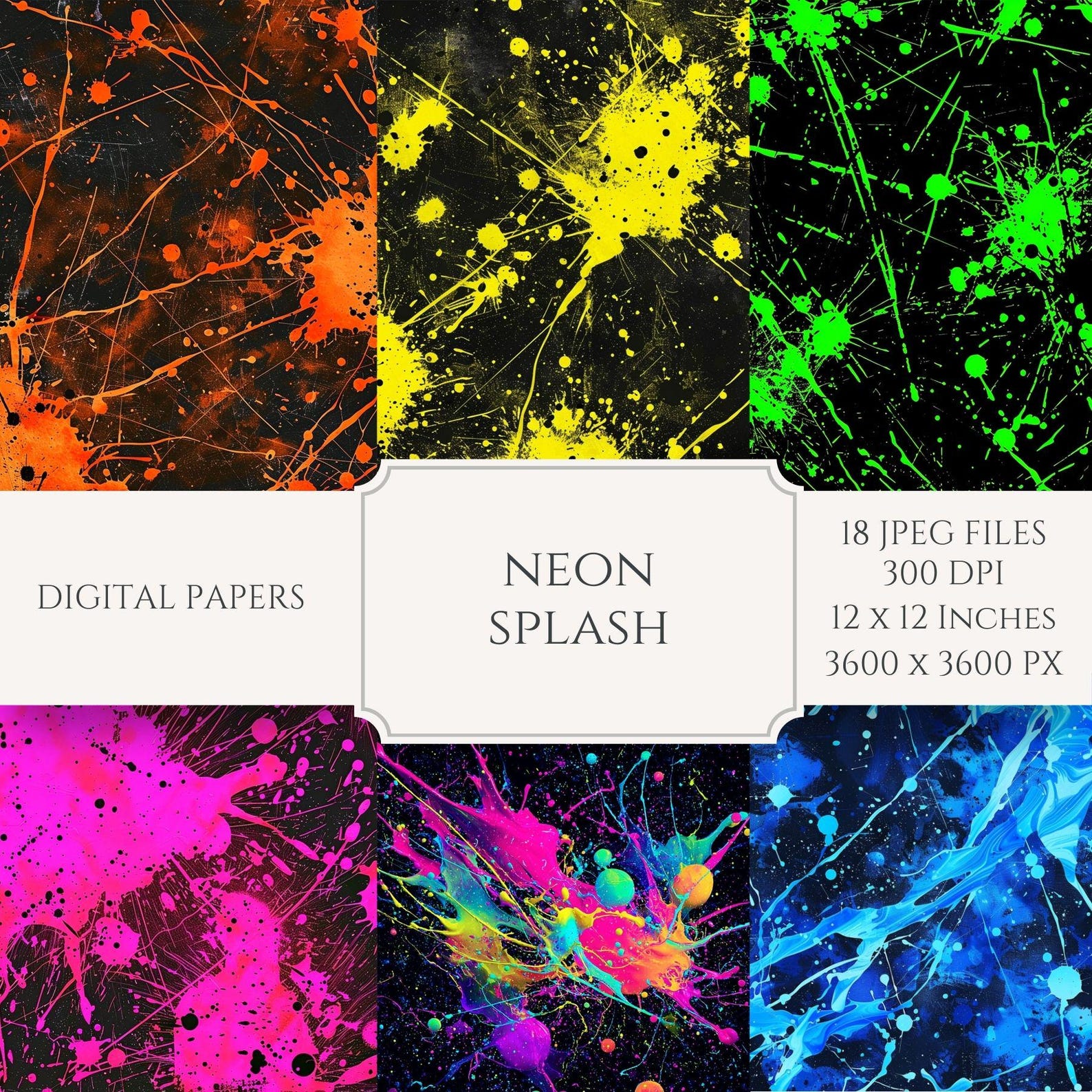 Neon Splash on Black Background Digital Papers - 18 JPG Files - 12x12 ...