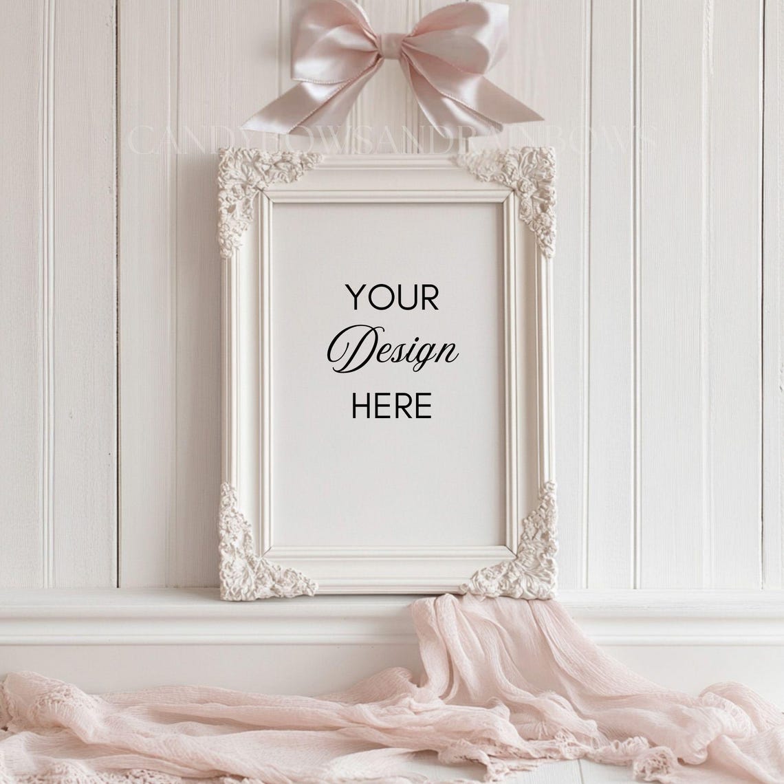 White Antique Frame With Pink Coquette Bow Mockup - Frame Mockup ...