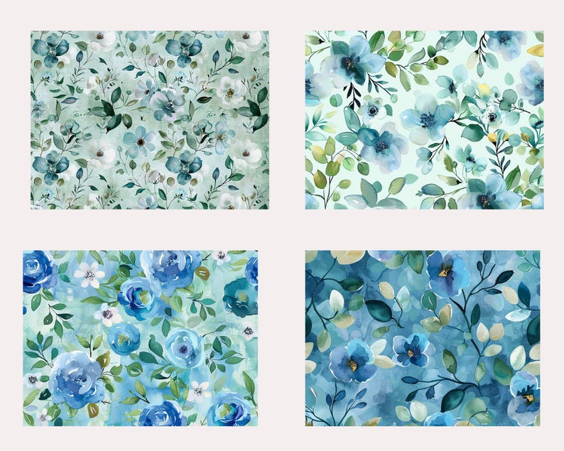 Blue and Green Floral Digital Paper - 15 PNG Images of Floral Designs ...