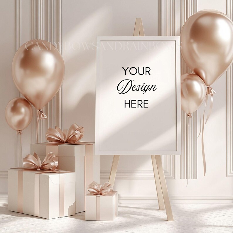 Easel Sign Mockup - Rose Gold Balloons With Welcome Sign Background ...