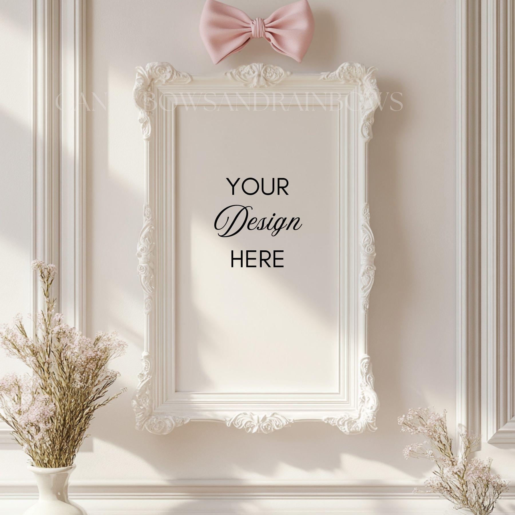 White Antique Frame With Pink Coquette Bow Mockup - Frame Mockup ...