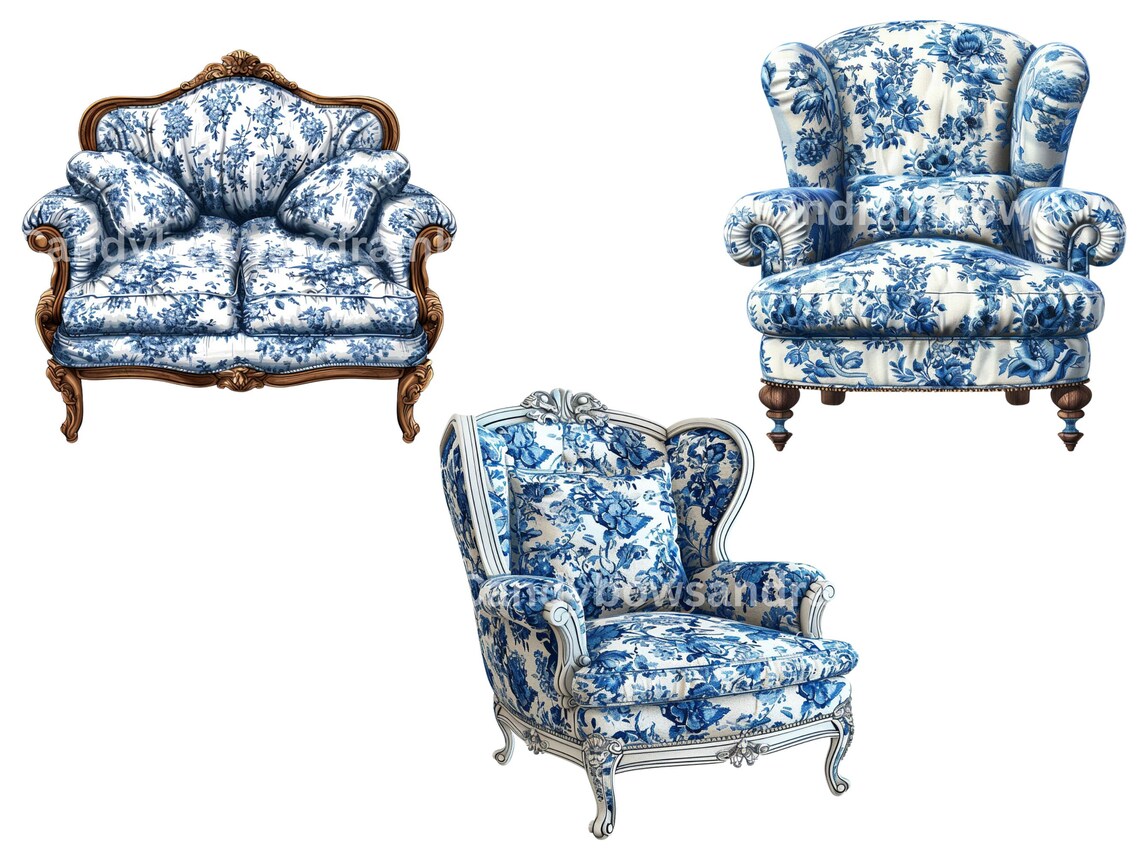 Blue Toile Clipart Upholstered Chairs - 20 PNG Images of Blue Toile ...