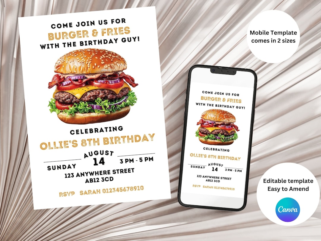 EDITABLE Burger Birthday Party Invitation Template DIGITAL DOWNLOAD ...