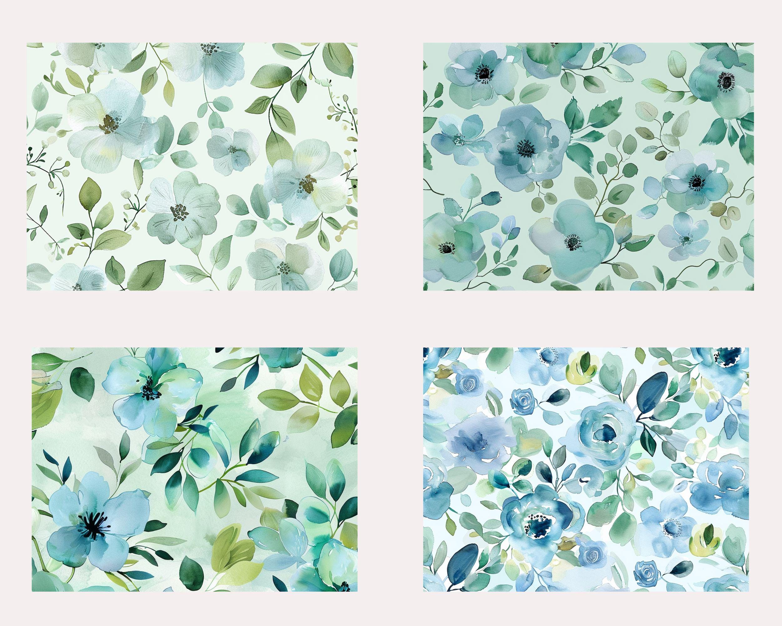 Blue and Green Floral Digital Paper - 15 PNG Images of Floral Designs ...
