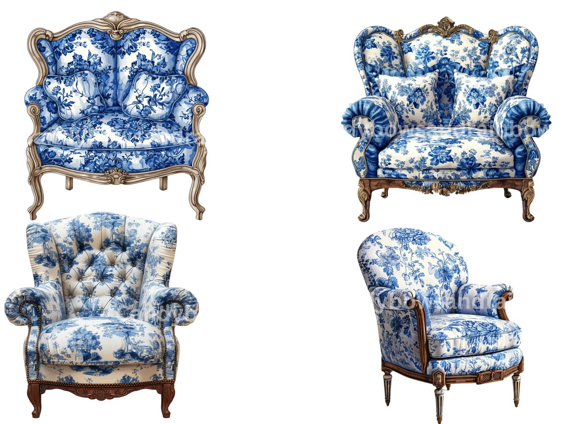 Blue Toile Clipart Upholstered Chairs - 20 PNG Images of Blue Toile ...