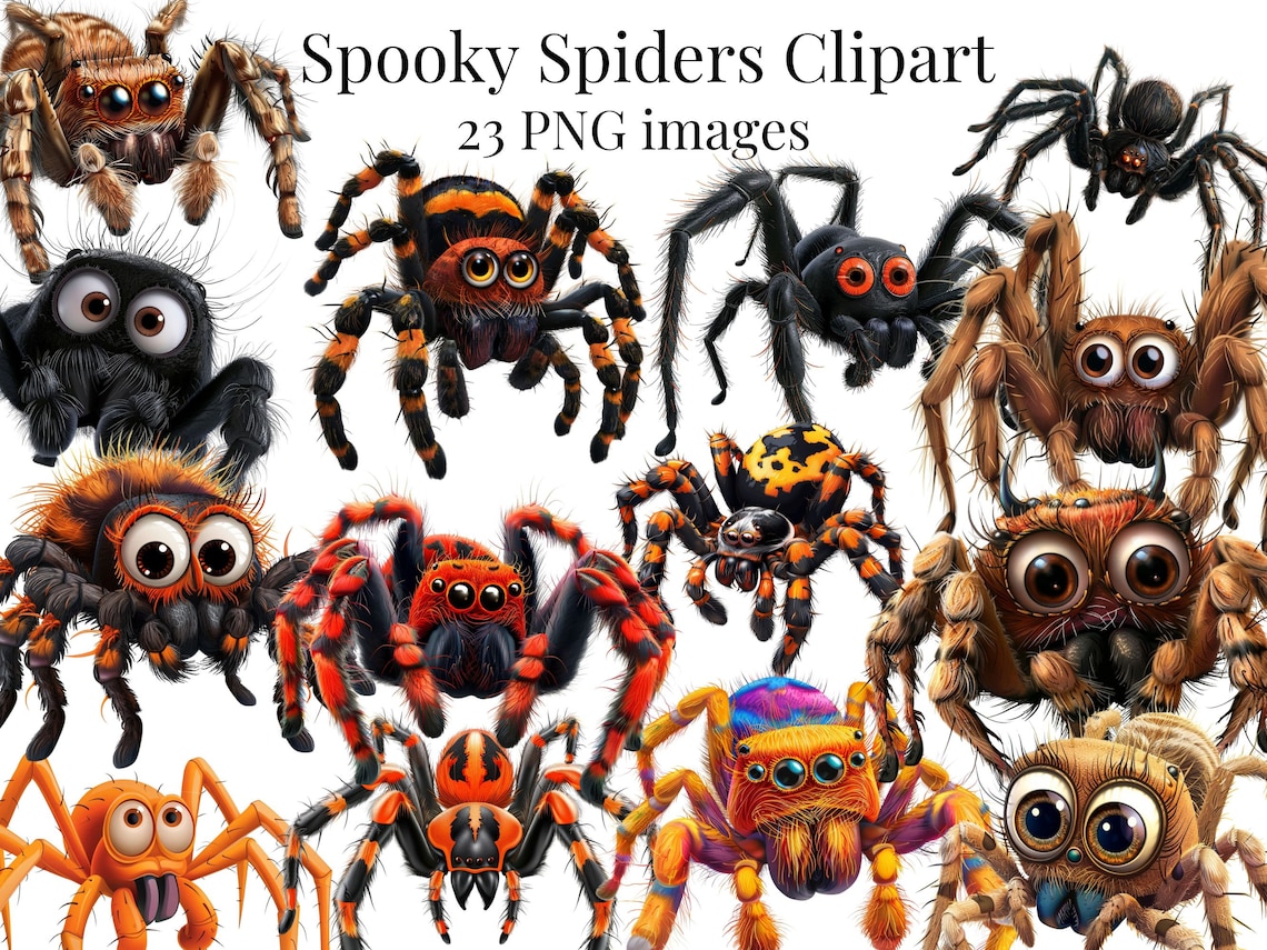 Spooky Cartoon Clipart - 30 PNG Images of Spooky Spiders - Commercial ...