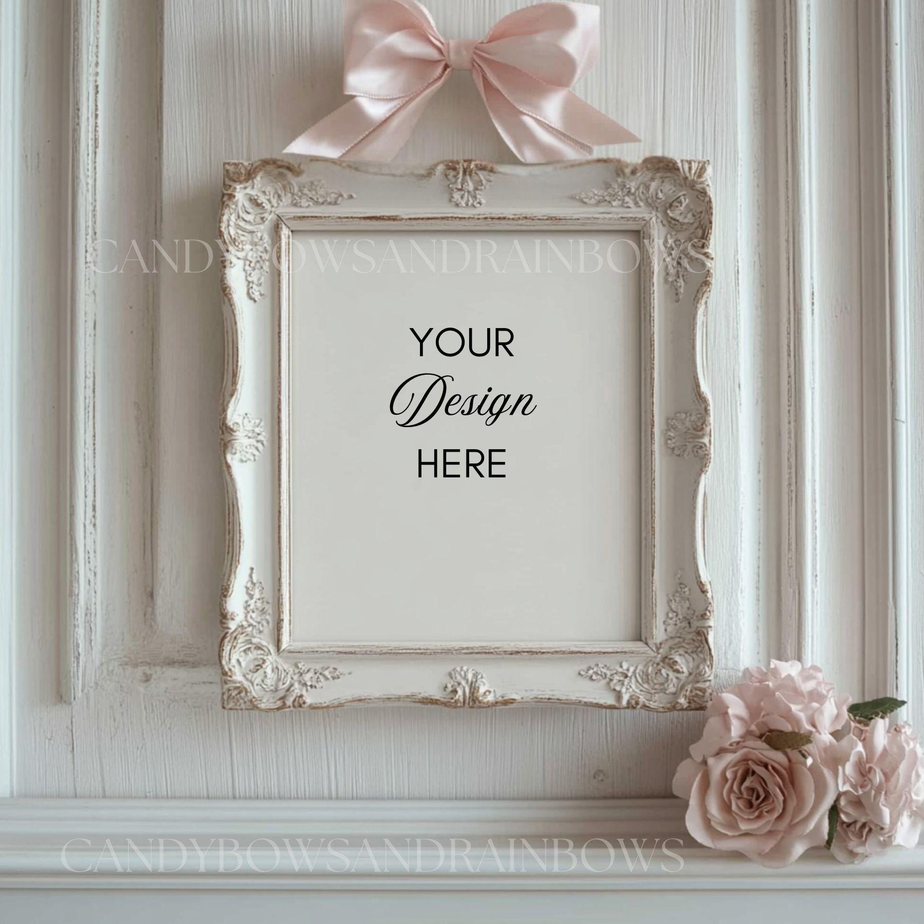 White Antique Frame With Pink Coquette Bow Mockup - Frame Mockup ...