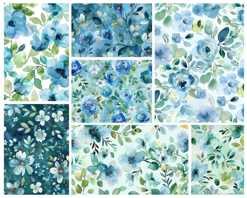 Blue and Green Floral Digital Paper - 15 PNG Images of Floral Designs ...