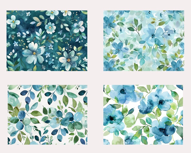 Blue and Green Floral Digital Paper - 15 PNG Images of Floral Designs ...