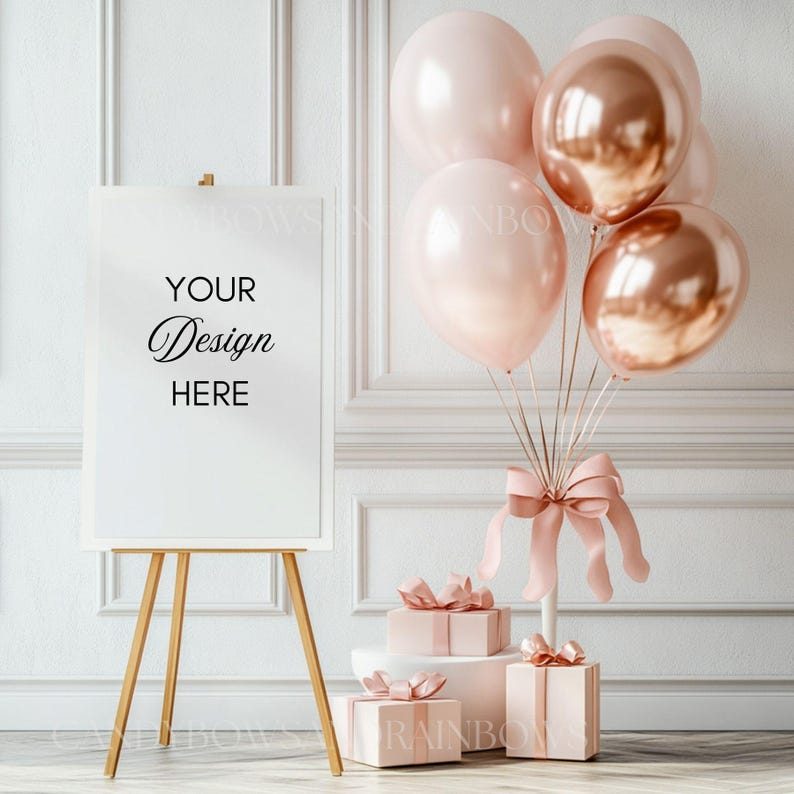 Easel Sign Mockup - Rose Gold Balloons With Welcome Sign Background ...