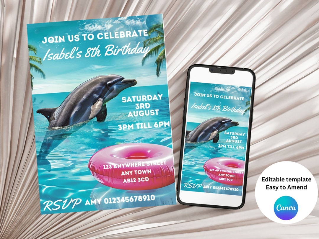 EDITABLE Dolphin Birthday Party Invitation Template DIGITAL DOWNLOAD ...