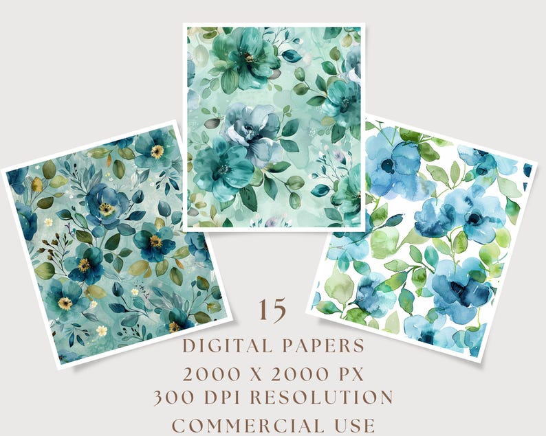 Blue and Green Floral Digital Paper - 15 PNG Images of Floral Designs ...
