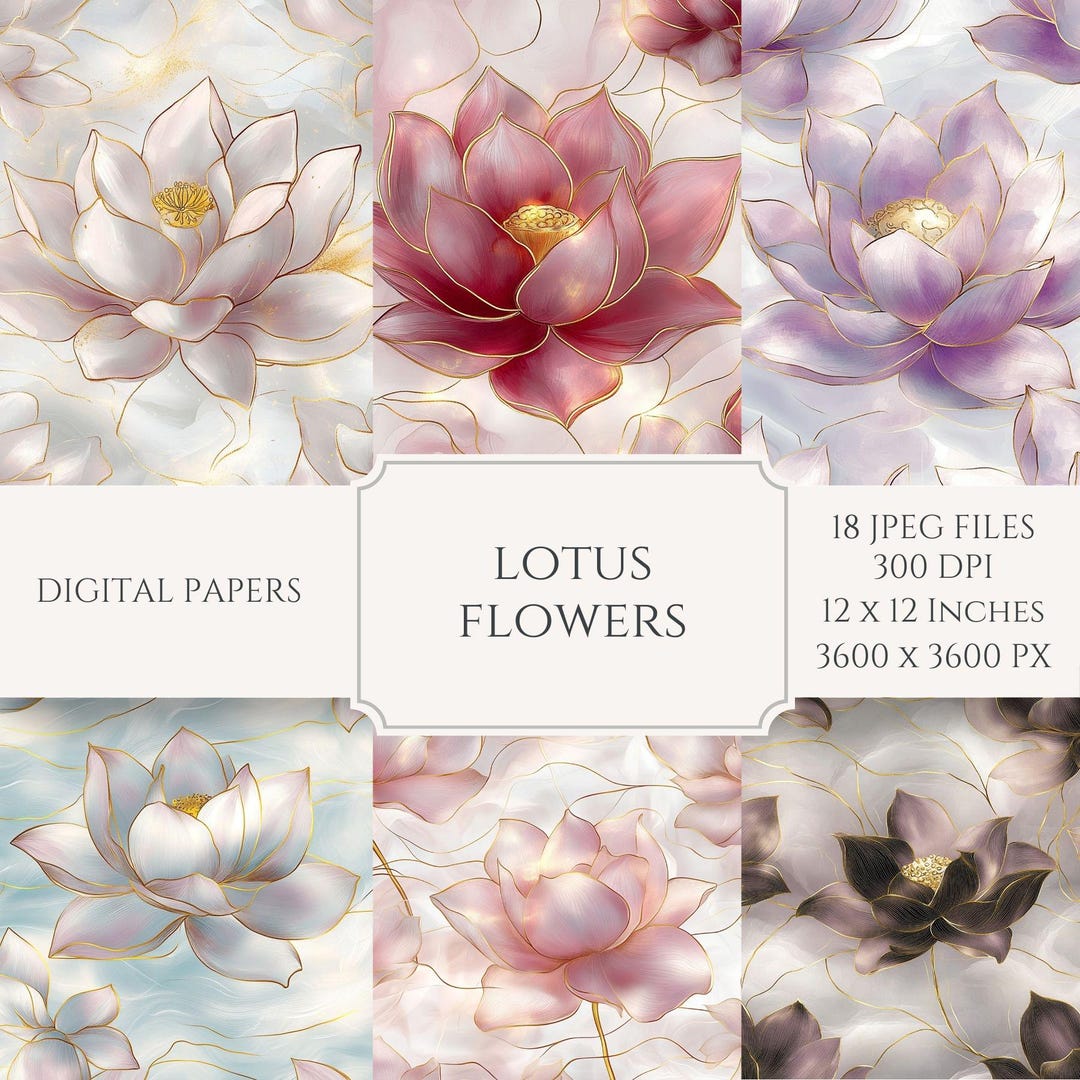 Beautiful Lotus Flowers Digital Papers - 18 JPG Files - 12x12 Inches ...