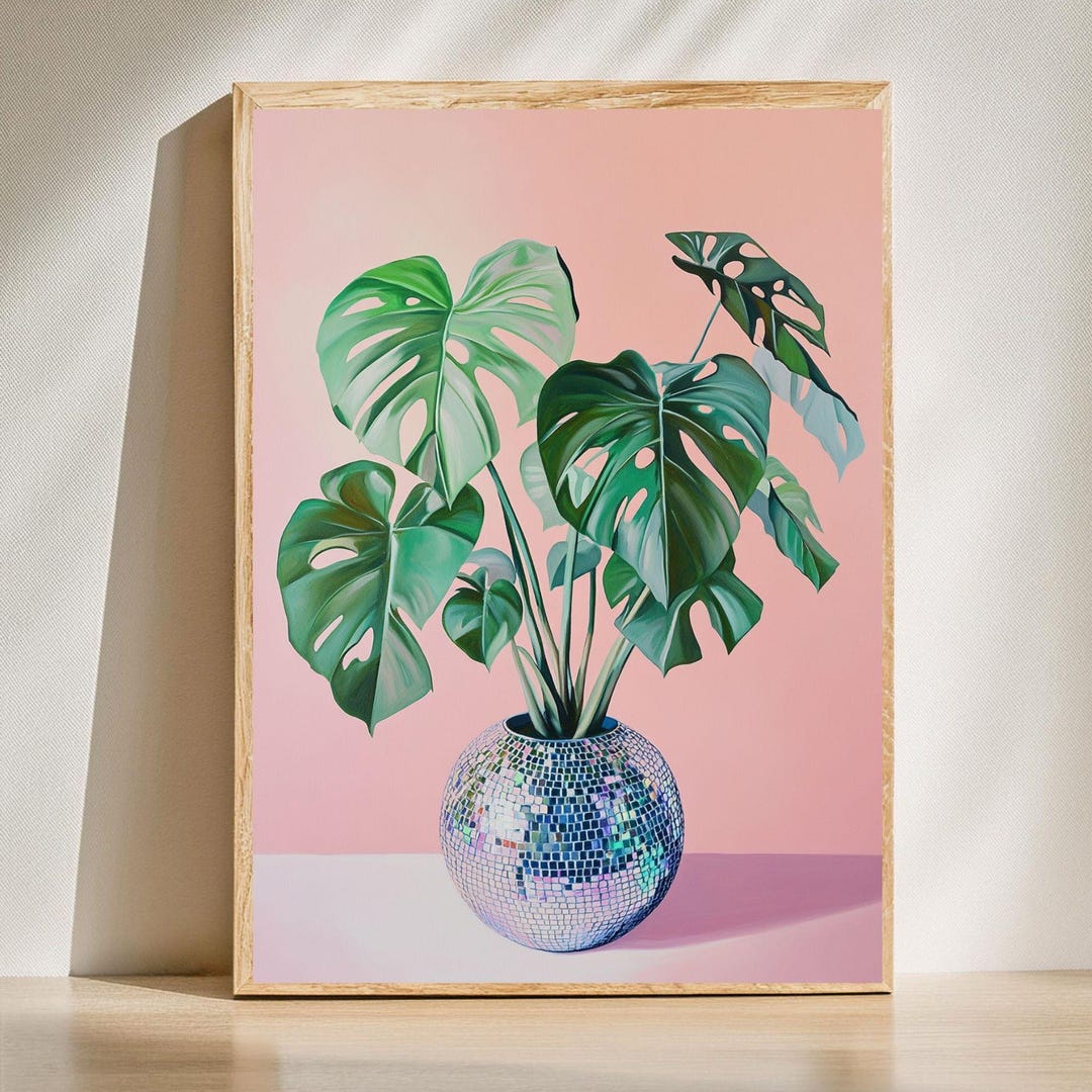 Cute Disco Ball Planter Monstera Plant Print - Cute Monstera Plant ...