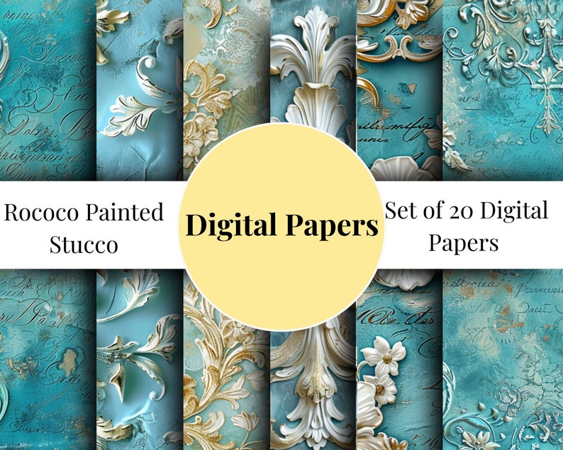 Turquoise Rococo Painted Stucco Digital Paper - 20 PNG Images of ...