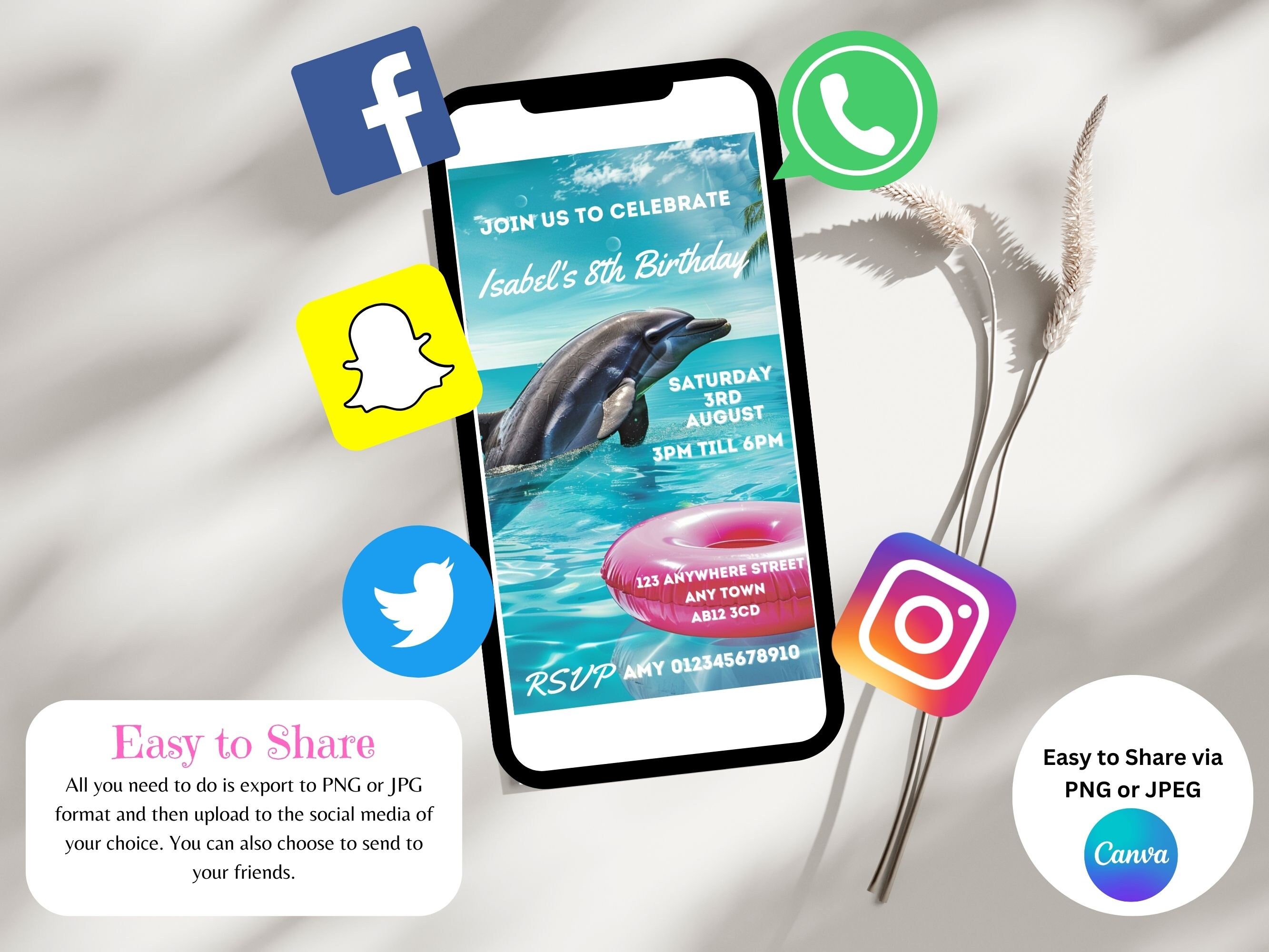 EDITABLE Dolphin Birthday Party Invitation Template DIGITAL DOWNLOAD ...