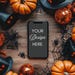 Mobile Phone Mockup - Halloween Pumpkins & Spiders Background Phone ...